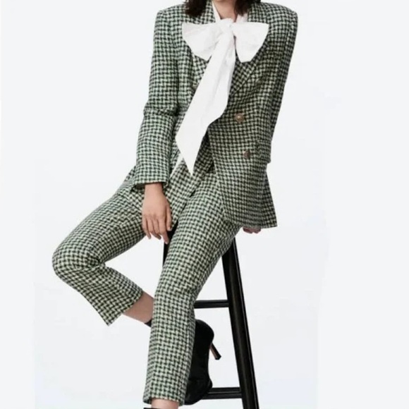 Zara | Jackets & Coats | Zara Green Houndstooth Suit | Poshmark